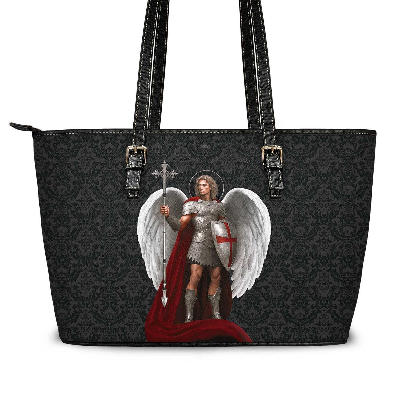St. Michael the Archangel Victorious Tote Bag (Black Damask)